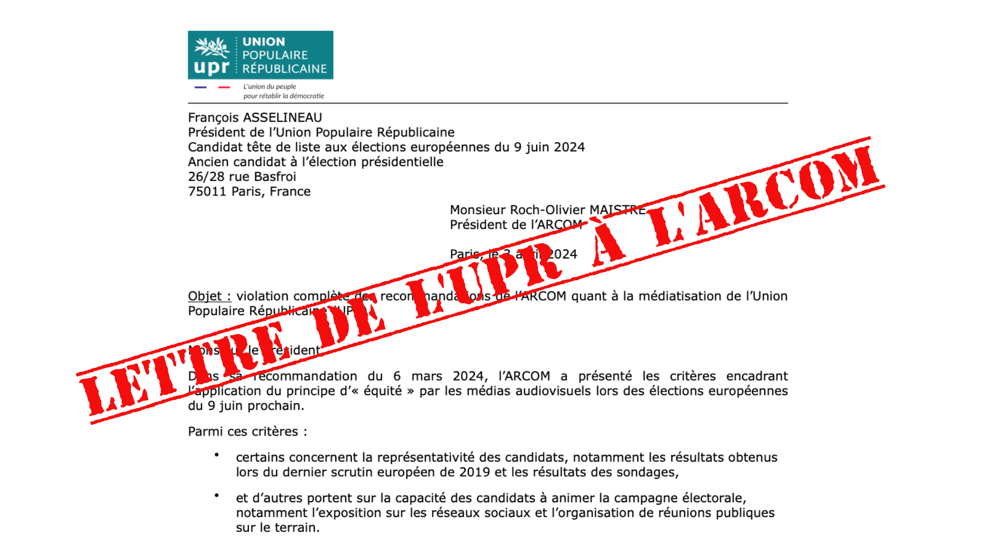 La lettre du 2 avril 2024 de l'UPR à l'ARCOM - UPR